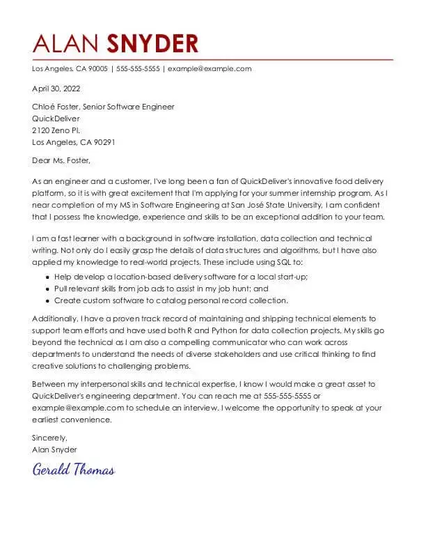 Cover Letter Sample Internship Engineering Cover Letter Sample Internship Engineering