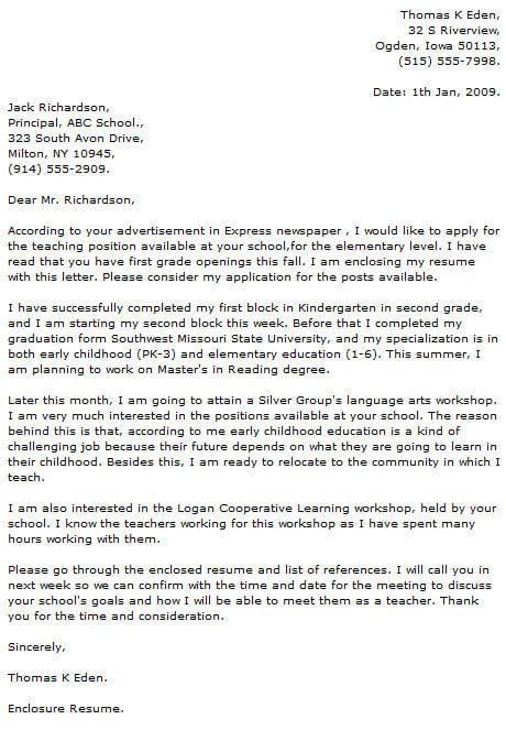 Application Letter Examples For Teachers