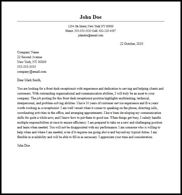 Front Desk Receptionist Cover Letter Sample Writing Guide 