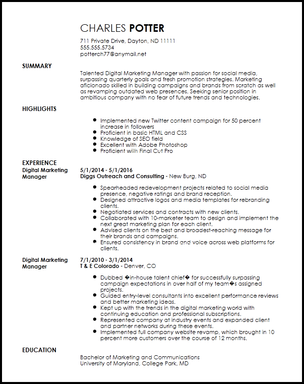 Free Creative Digital Marketing Manager Resume Template Resume Now