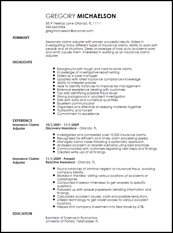 Insurance Claims Adjuster Resume Template Resume Now