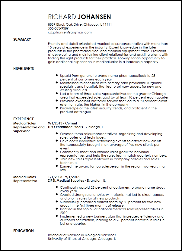 Medical Sales Representative Resume Example Resume Now
