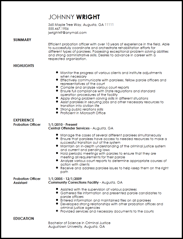 Probation Officer Sample Resume