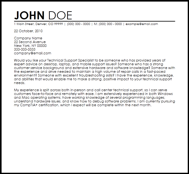 Technical Support Specialist Cover Letter Templates Skills
