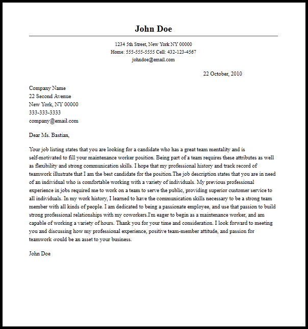 Professional Maintenance Worker Cover Letter Sample Writing Guide