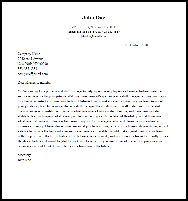 Professional Shift Manager Cover Letter Example Resume Now