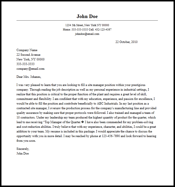 Professional Site Manager Cover Letter Sample Writing Guide Resume Now